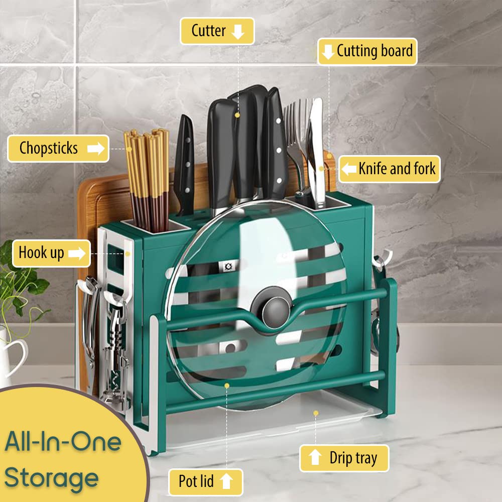 Multifunctional Kitchen Organizer Rack Cutting Board Holder Knife Holder Pot Lid Holder,Countertop Kitchenware Rack Kitchen Storage Accessories ,for Cabinet and Countertop with Draining Tray