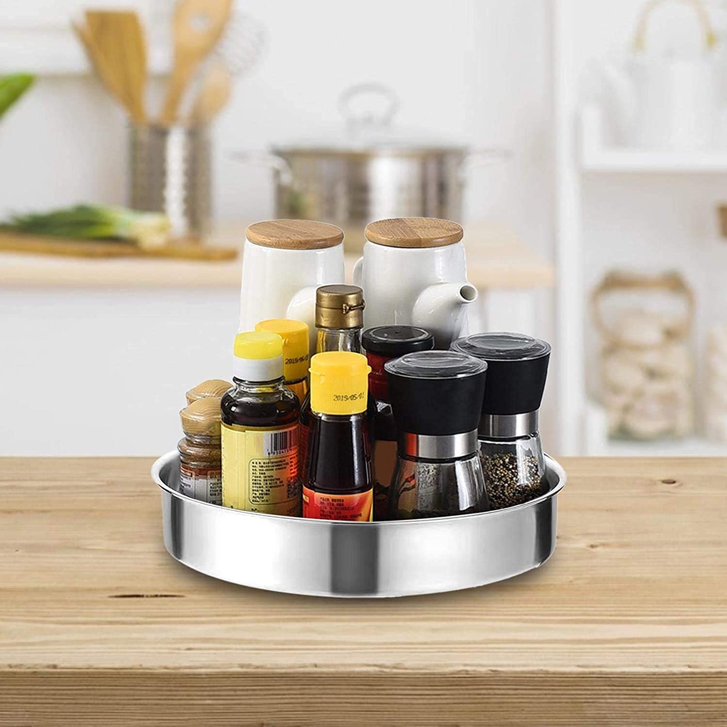 Lazy Susan Turntable Spice Rack Kitchen Cabinet Organizer Stainless Steel Spinning Storage Container Organization Tray for Corner Cabinets, Pantry, Tabletop, Shelf, Countertop (12")