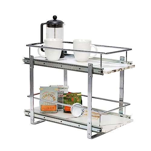 Household Essentials Glidez Chrome-Plated Steel and Faux Marble Pull-Out/Slide-Out Storage Organizer for Under Cabinet Use - 2-Tier Dual-Slide - Fits Standard Size Cabinet or Shelf, White and Chrome