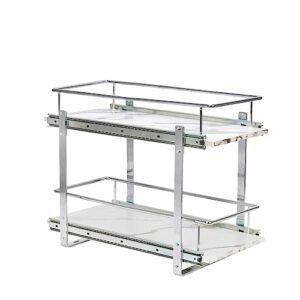 Household Essentials Glidez Chrome-Plated Steel and Faux Marble Pull-Out/Slide-Out Storage Organizer for Under Cabinet Use - 2-Tier Dual-Slide - Fits Standard Size Cabinet or Shelf, White and Chrome