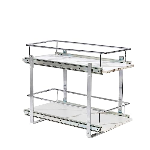 Household Essentials Glidez Chrome-Plated Steel and Faux Marble Pull-Out/Slide-Out Storage Organizer for Under Cabinet Use - 2-Tier Dual-Slide - Fits Standard Size Cabinet or Shelf, White and Chrome