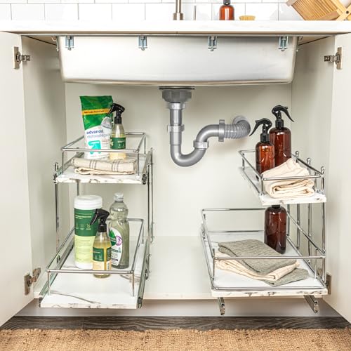 Household Essentials Glidez Chrome-Plated Steel and Faux Marble Pull-Out/Slide-Out Storage Organizer for Under Cabinet Use - 2-Tier Dual-Slide - Fits Standard Size Cabinet or Shelf, White and Chrome