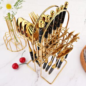 BRIIEC 24Pcs Creative Imitation Ceramics Handle Flatware Set Black Gold Hanging Cutlery Stainless Steel Tableware Silverware with Stand/Holder/Rack. Knives Forks Spoon for Home Kitchen