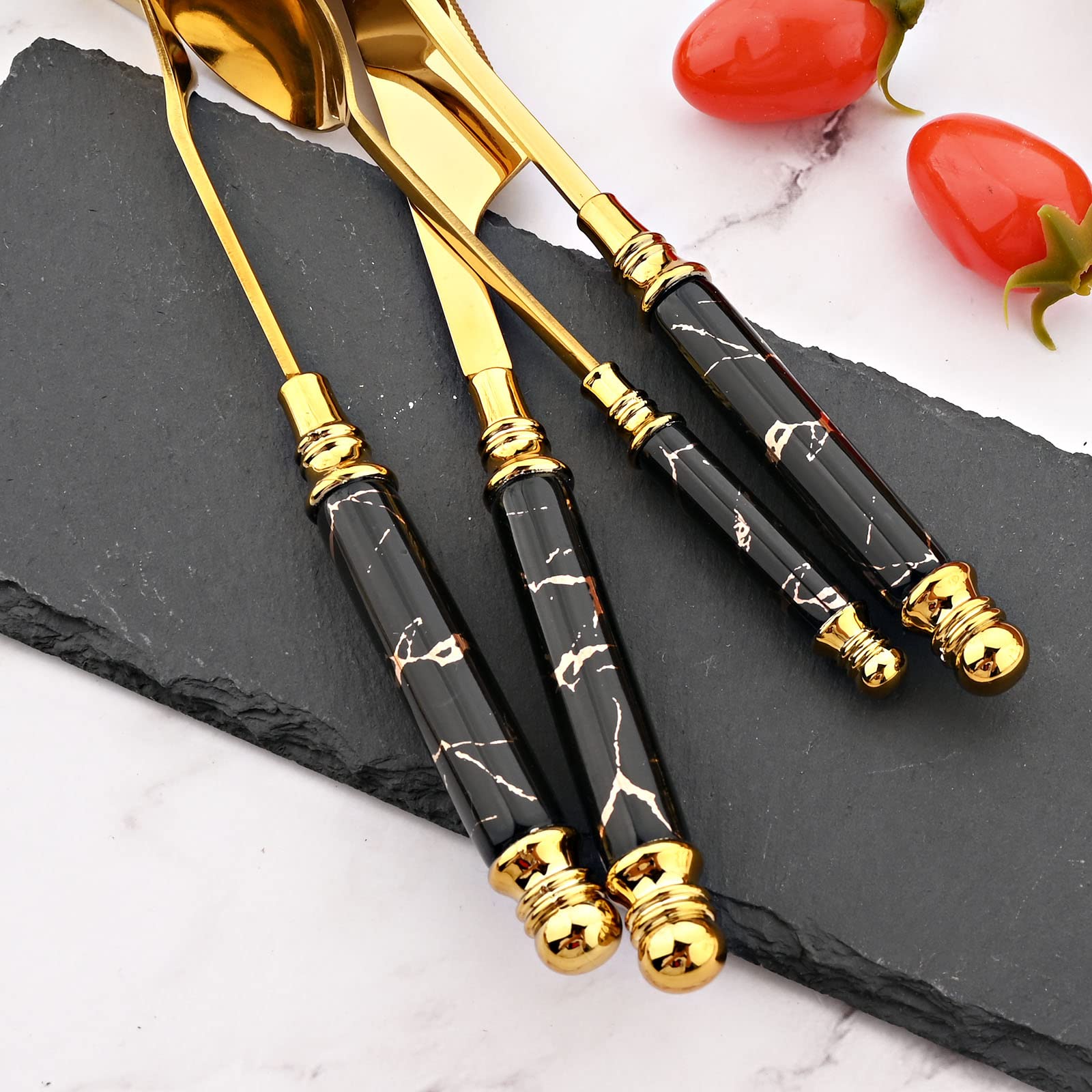 BRIIEC 24Pcs Creative Imitation Ceramics Handle Flatware Set Black Gold Hanging Cutlery Stainless Steel Tableware Silverware with Stand/Holder/Rack. Knives Forks Spoon for Home Kitchen