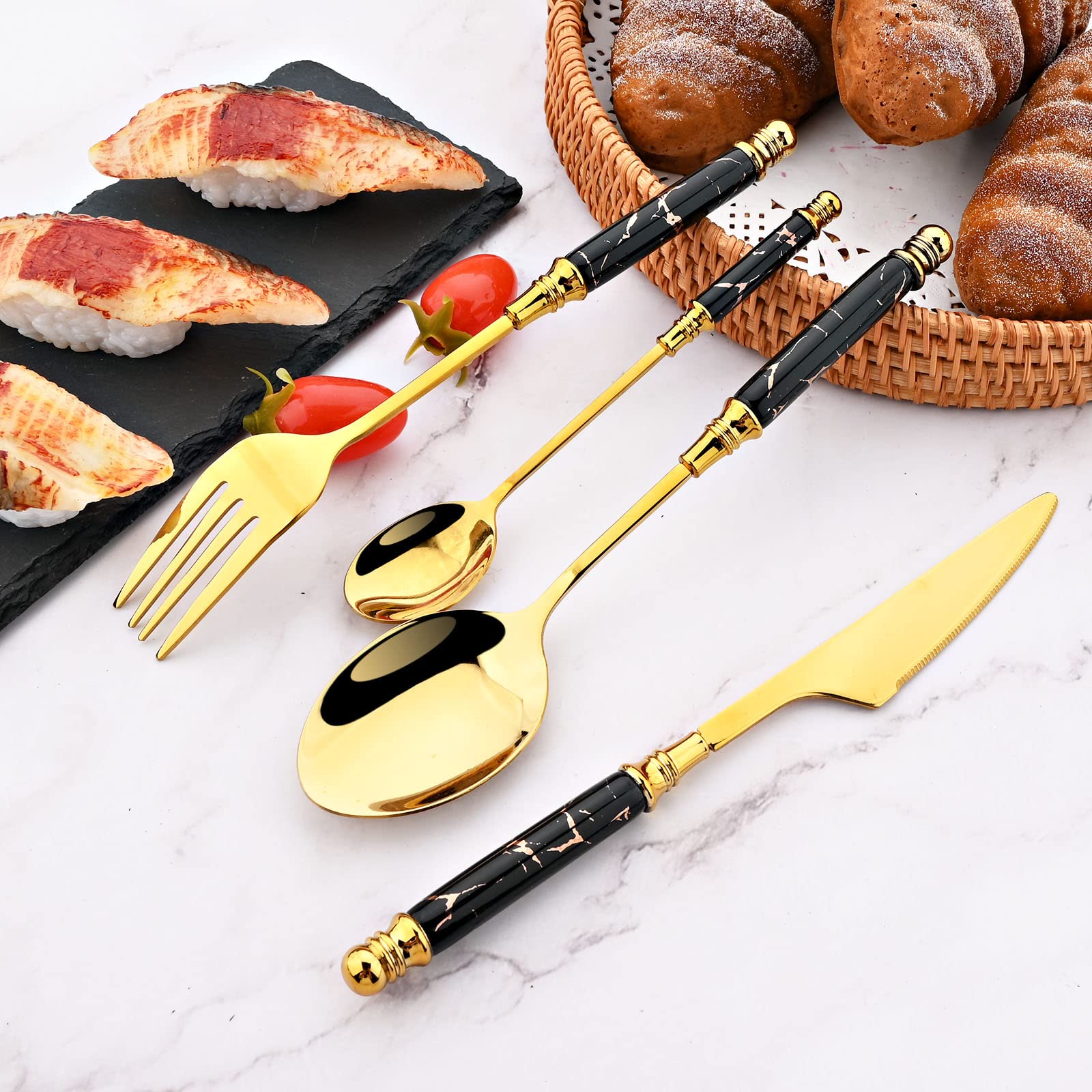 BRIIEC 24Pcs Creative Imitation Ceramics Handle Flatware Set Black Gold Hanging Cutlery Stainless Steel Tableware Silverware with Stand/Holder/Rack. Knives Forks Spoon for Home Kitchen