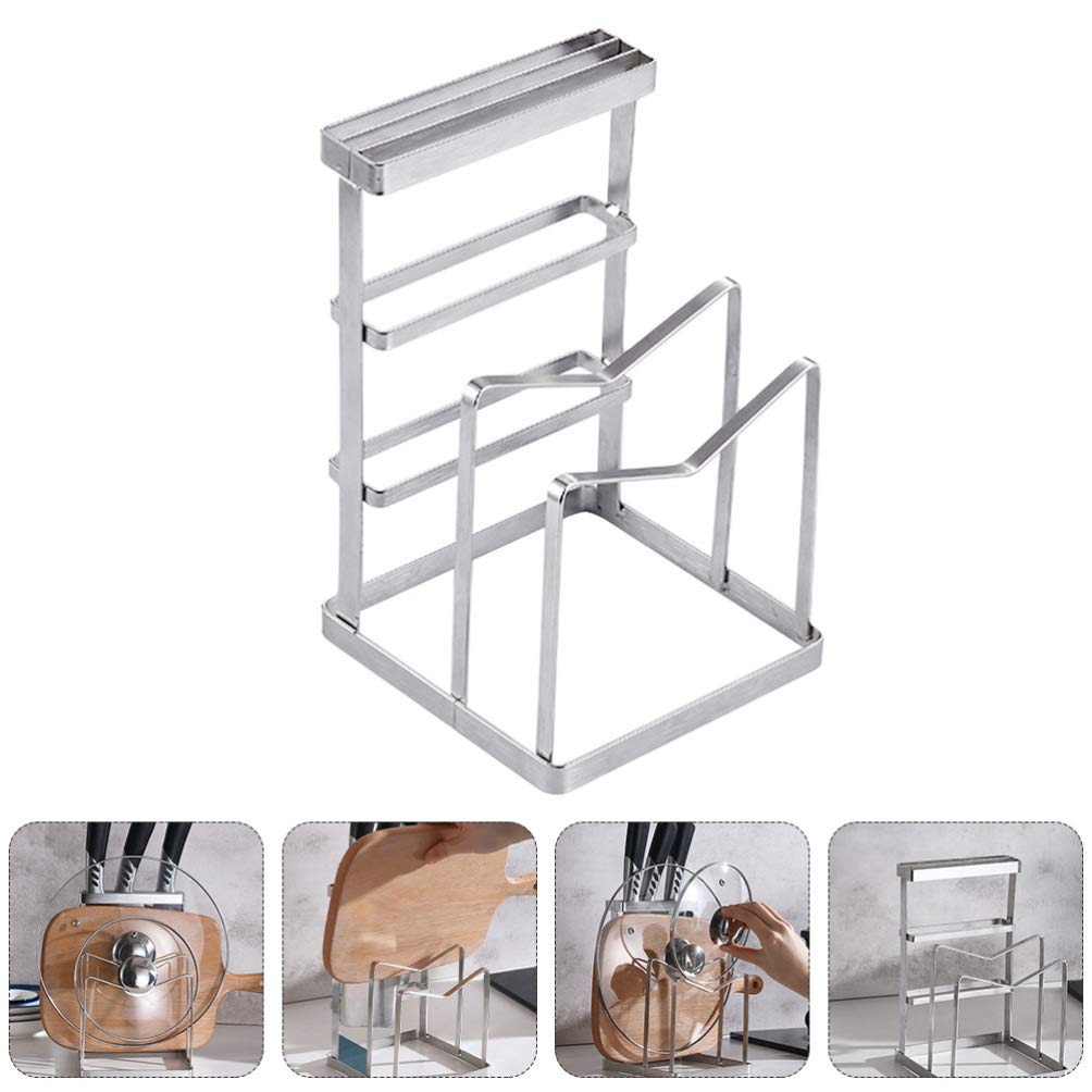 Hemoton Stainless Steel Pot Lid Stand Chopping Board Rack Knife Storage Block Kitchen Organizer Accessory