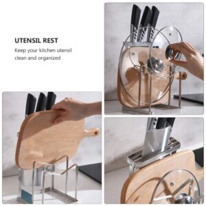 Hemoton Stainless Steel Pot Lid Stand Chopping Board Rack Knife Storage Block Kitchen Organizer Accessory