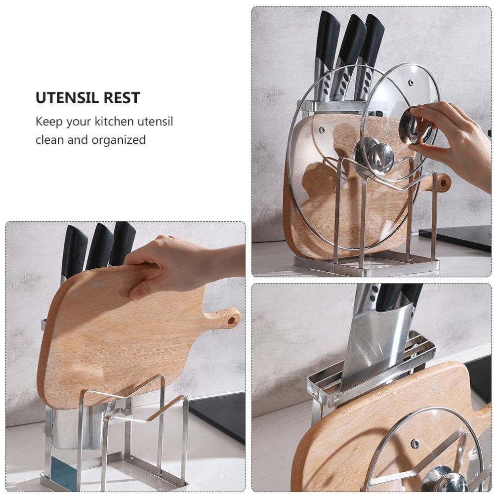 Hemoton Stainless Steel Pot Lid Stand Chopping Board Rack Knife Storage Block Kitchen Organizer Accessory