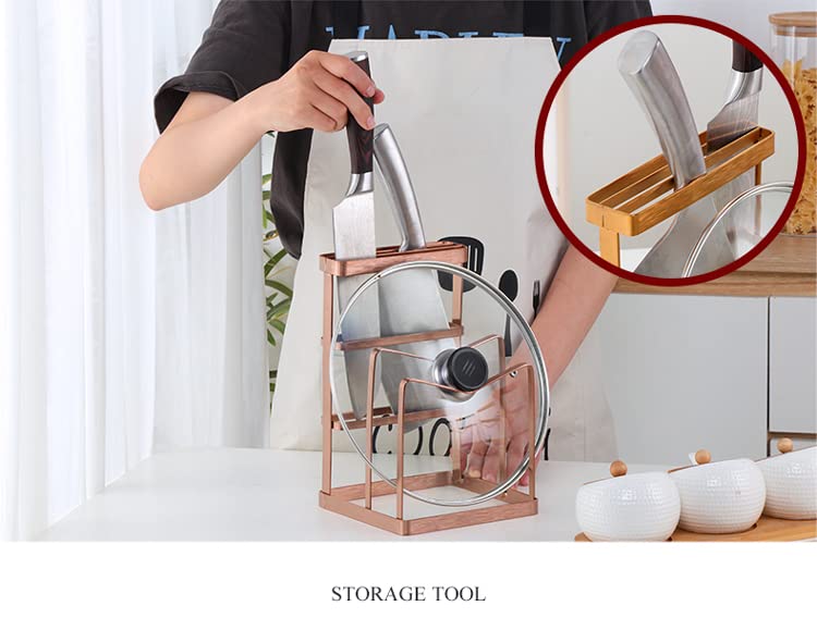 Knife Holder Bakeware Organizer Pot Lid Holder Rack for Pots, Cake Molds, Cutting Boards, Mats, Cookware-Rose Gold