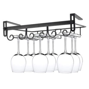 dreamideco nail free wine glass rack under cabinet hanging stemware rack, metal wine glass holder under shelf for bar, kitchen(black, 3 rows)