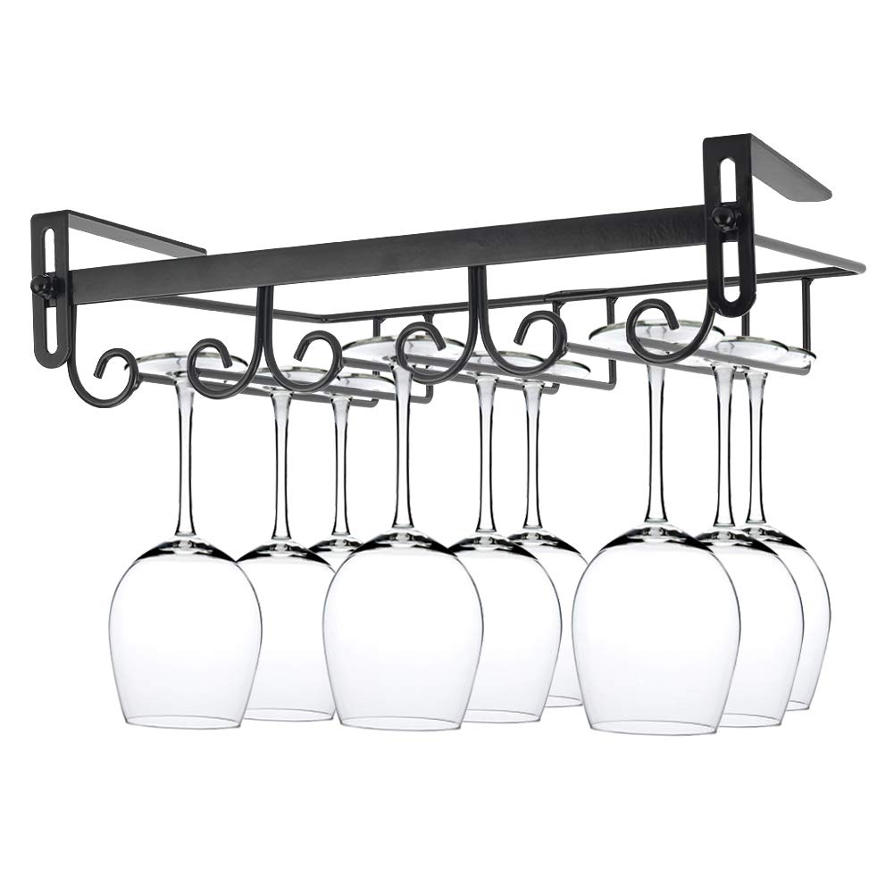 DreamiDeco Nail Free Wine Glass Rack Under Cabinet Hanging Stemware Rack, Metal Wine Glass Holder Under Shelf for Bar, Kitchen(Black, 3 rows)