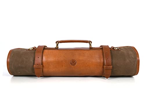 Leather Canvas Knife Roll Storage Bag Expandable 10 Pockets Detachable Shoulder Strap Travel-Friendly Chef Knife Case Roll By Aaron Leather Goods (OVIEDO, Canvas Leather)