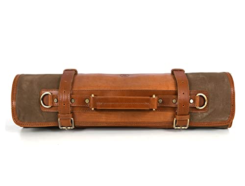 Leather Canvas Knife Roll Storage Bag Expandable 10 Pockets Detachable Shoulder Strap Travel-Friendly Chef Knife Case Roll By Aaron Leather Goods (OVIEDO, Canvas Leather)