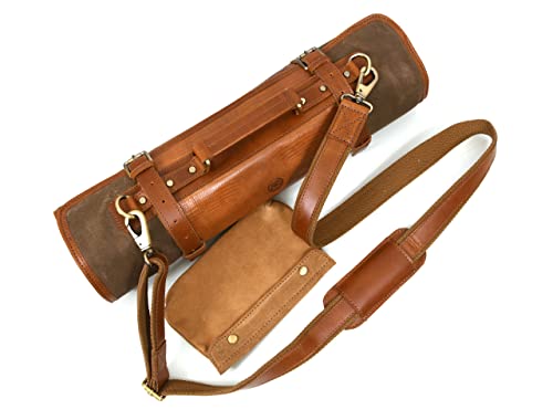 Leather Canvas Knife Roll Storage Bag Expandable 10 Pockets Detachable Shoulder Strap Travel-Friendly Chef Knife Case Roll By Aaron Leather Goods (OVIEDO, Canvas Leather)