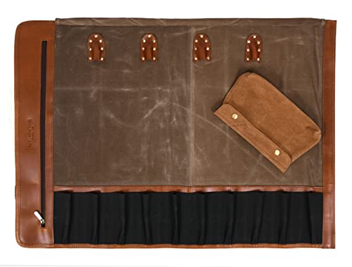 Leather Canvas Knife Roll Storage Bag Expandable 10 Pockets Detachable Shoulder Strap Travel-Friendly Chef Knife Case Roll By Aaron Leather Goods (OVIEDO, Canvas Leather)