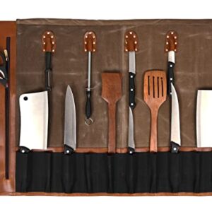 Leather Canvas Knife Roll Storage Bag Expandable 10 Pockets Detachable Shoulder Strap Travel-Friendly Chef Knife Case Roll By Aaron Leather Goods (OVIEDO, Canvas Leather)