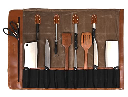 Leather Canvas Knife Roll Storage Bag Expandable 10 Pockets Detachable Shoulder Strap Travel-Friendly Chef Knife Case Roll By Aaron Leather Goods (OVIEDO, Canvas Leather)