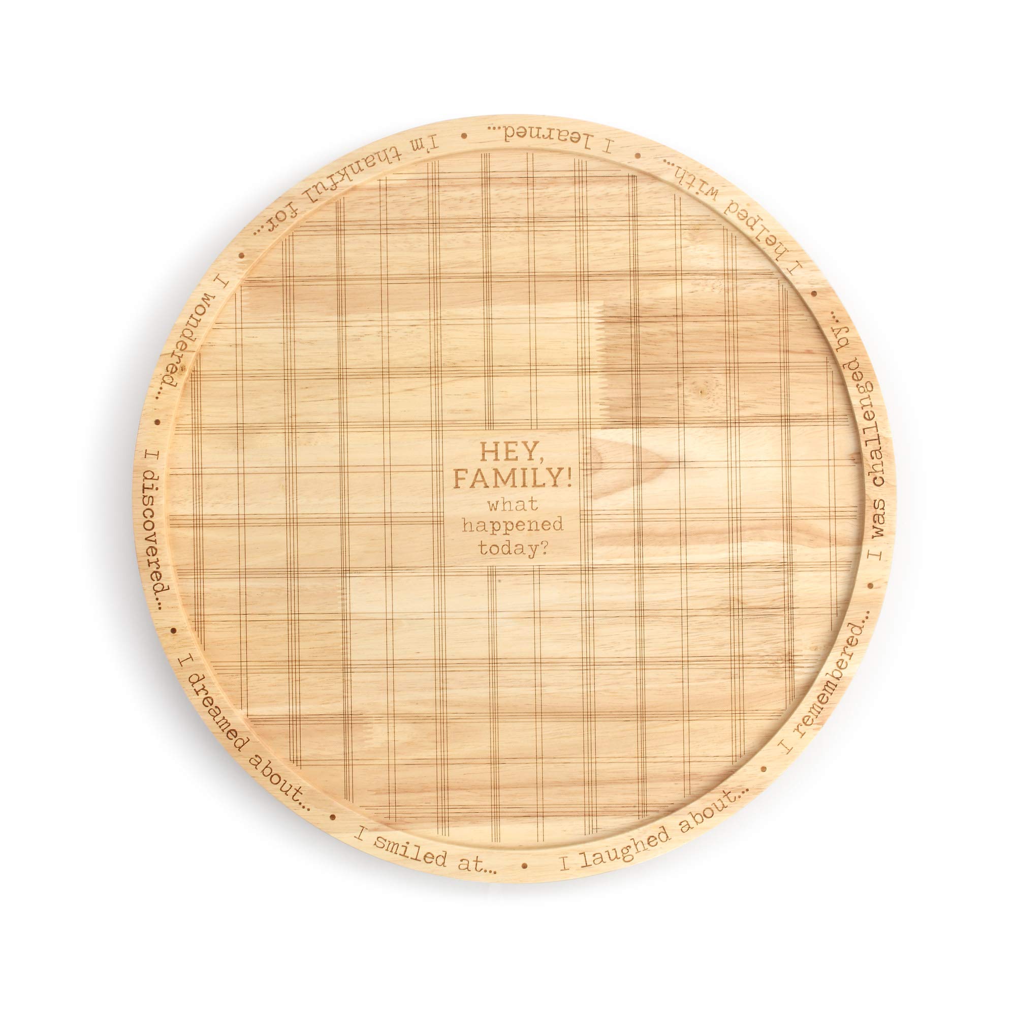 Demdaco Hey Family! What Happened Today Natural Brown 19 x 19 Wood Decorative Lazy Susan Serving Tray