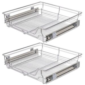 festnight pack of 2 pull-out wire storage baskets rack sliding steel cabinet slides under shelves sliding organizer for kitchen pantry bathroom cupboard suitable for 23.6" wide cabinet