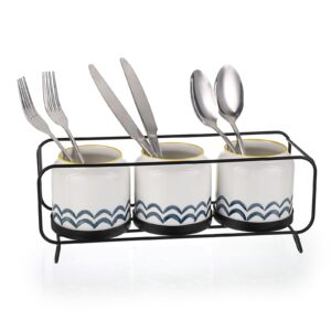 juxyes set of 3 ceramic flatware holder for countertop, desktop silverware organizer utensil holder with black metal rack, flatware caddy cutlery holder silverware organizer for kitchen dining tables