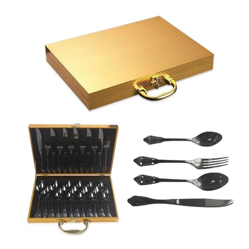 LAIION Silverware Set，24-Piece Stainless Steel Flatware Service for 6, Mirror Finish Cutlery Set Black Color flatware set for 6