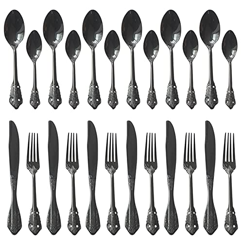 LAIION Silverware Set，24-Piece Stainless Steel Flatware Service for 6, Mirror Finish Cutlery Set Black Color flatware set for 6