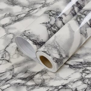 self adhesive black white gloss marble vinyl shelf liner wall paper for kitchen countertop cabinets backsplash wall crafts projects (24 by 117 inches)