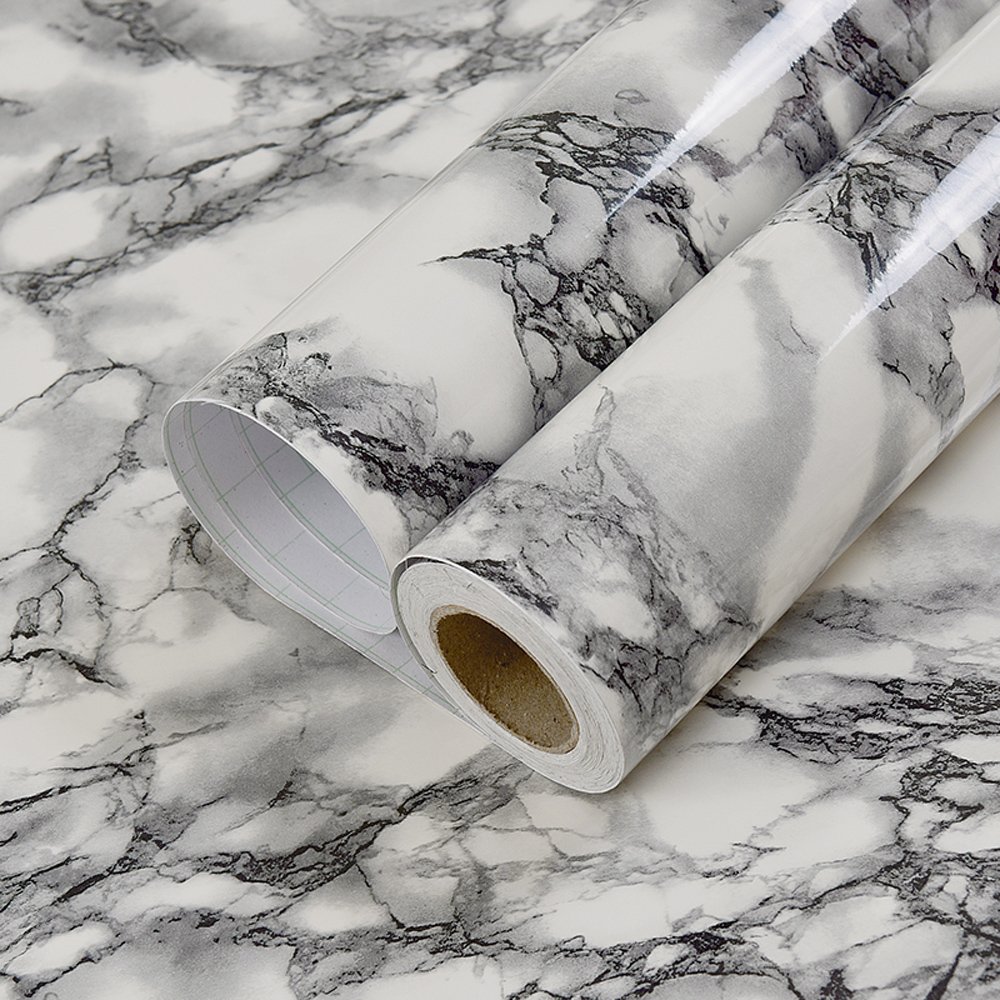 Self Adhesive Black White Gloss Marble Vinyl Shelf Liner Wall Paper for Kitchen Countertop Cabinets Backsplash Wall Crafts Projects (24 by 117 Inches)