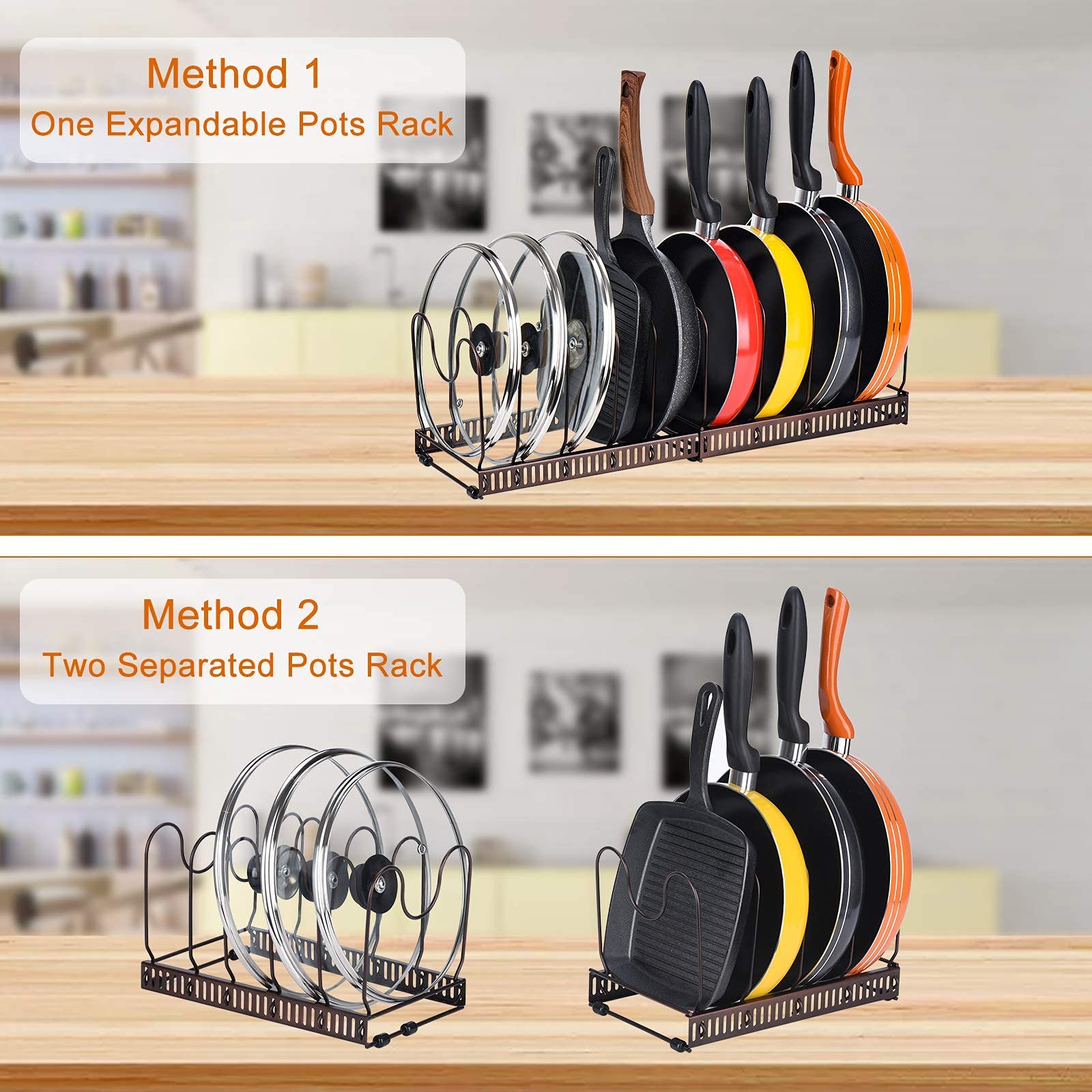 Toplife Adjustable 10+ Pans Organizer Rack + 7+ Lids Organizer Rack + 10+ Bakeware Organizer Rack for Kitchen Cabinet and Counter, Brown