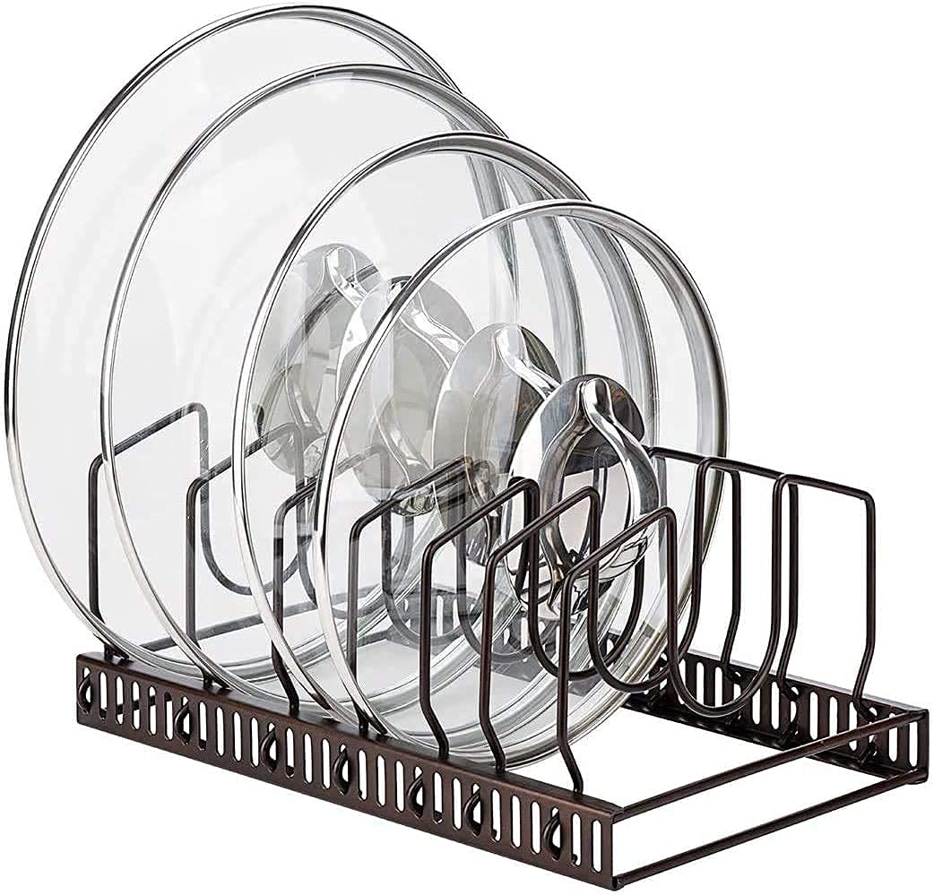 Toplife Adjustable 10+ Pans Organizer Rack + 7+ Lids Organizer Rack + 10+ Bakeware Organizer Rack for Kitchen Cabinet and Counter, Brown