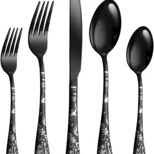 Black Silverware Set for 8 Floral Stainless Steel Flatware Set Unique Pattern Modern Cutlery Utensils 40 Piece Include Knives Forks and Spoons Tableware Set for Home Kitchen Wedding