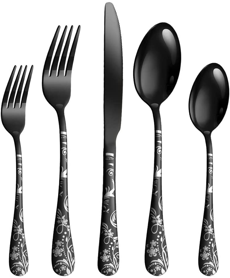 Black Silverware Set for 8 Floral Stainless Steel Flatware Set Unique Pattern Modern Cutlery Utensils 40 Piece Include Knives Forks and Spoons Tableware Set for Home Kitchen Wedding