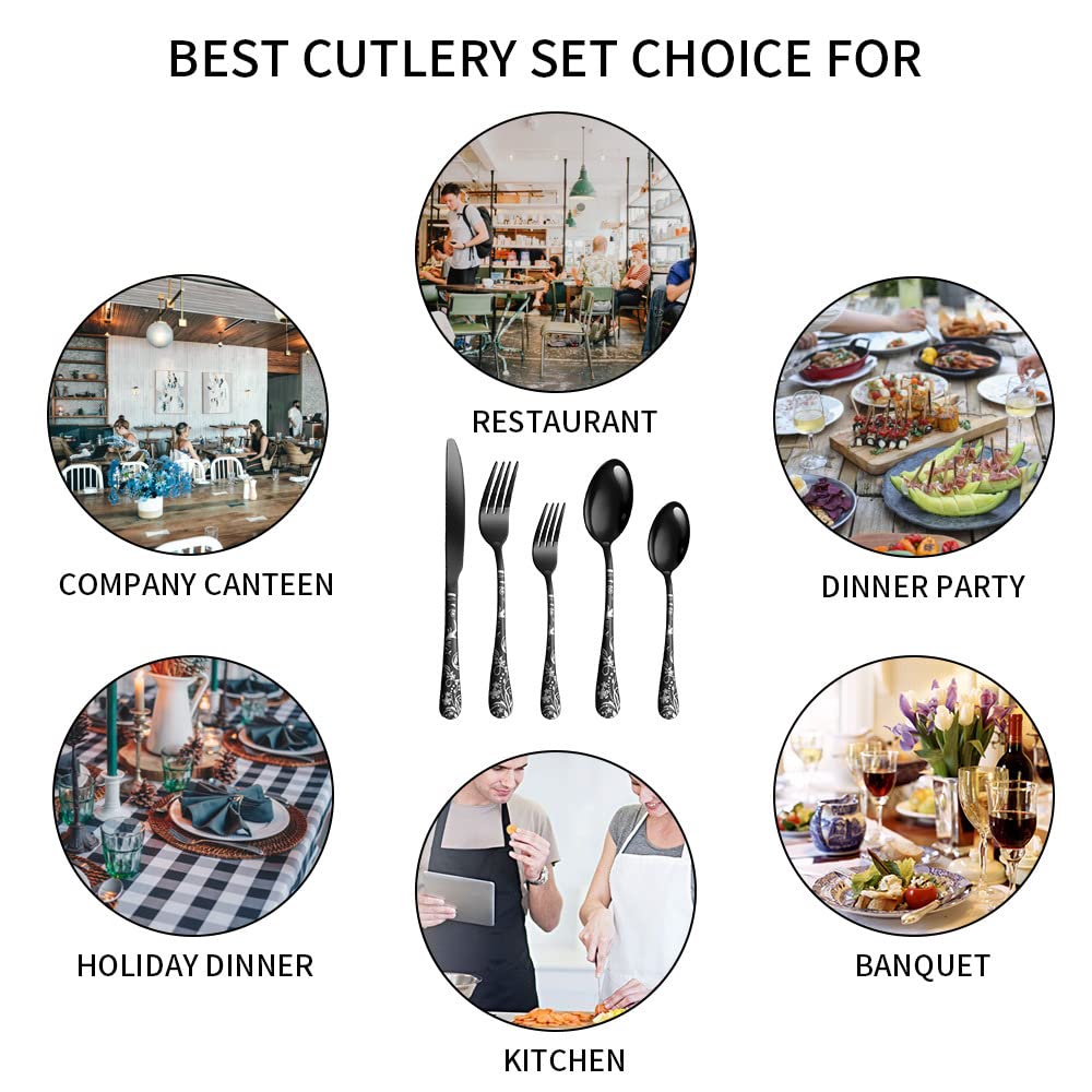 Black Silverware Set for 8 Floral Stainless Steel Flatware Set Unique Pattern Modern Cutlery Utensils 40 Piece Include Knives Forks and Spoons Tableware Set for Home Kitchen Wedding