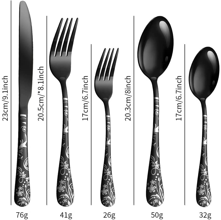 Black Silverware Set for 8 Floral Stainless Steel Flatware Set Unique Pattern Modern Cutlery Utensils 40 Piece Include Knives Forks and Spoons Tableware Set for Home Kitchen Wedding