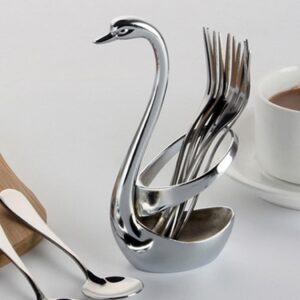 Creative Stainless Steel Fruit Food Fork Spoon Knife Cutlery Swan Base Holder - Silver SoundsBeauty