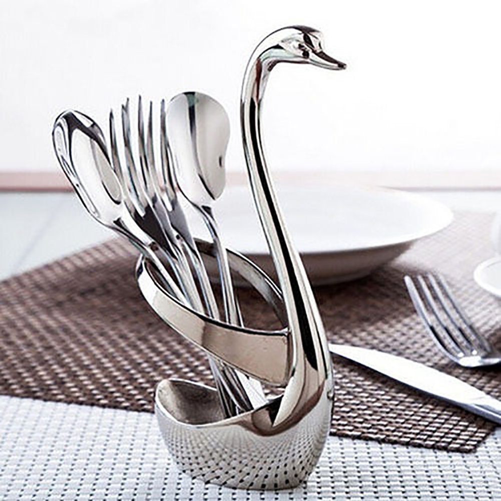 Creative Stainless Steel Fruit Food Fork Spoon Knife Cutlery Swan Base Holder - Silver SoundsBeauty