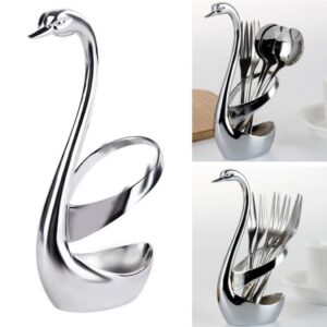 Creative Stainless Steel Fruit Food Fork Spoon Knife Cutlery Swan Base Holder - Silver SoundsBeauty