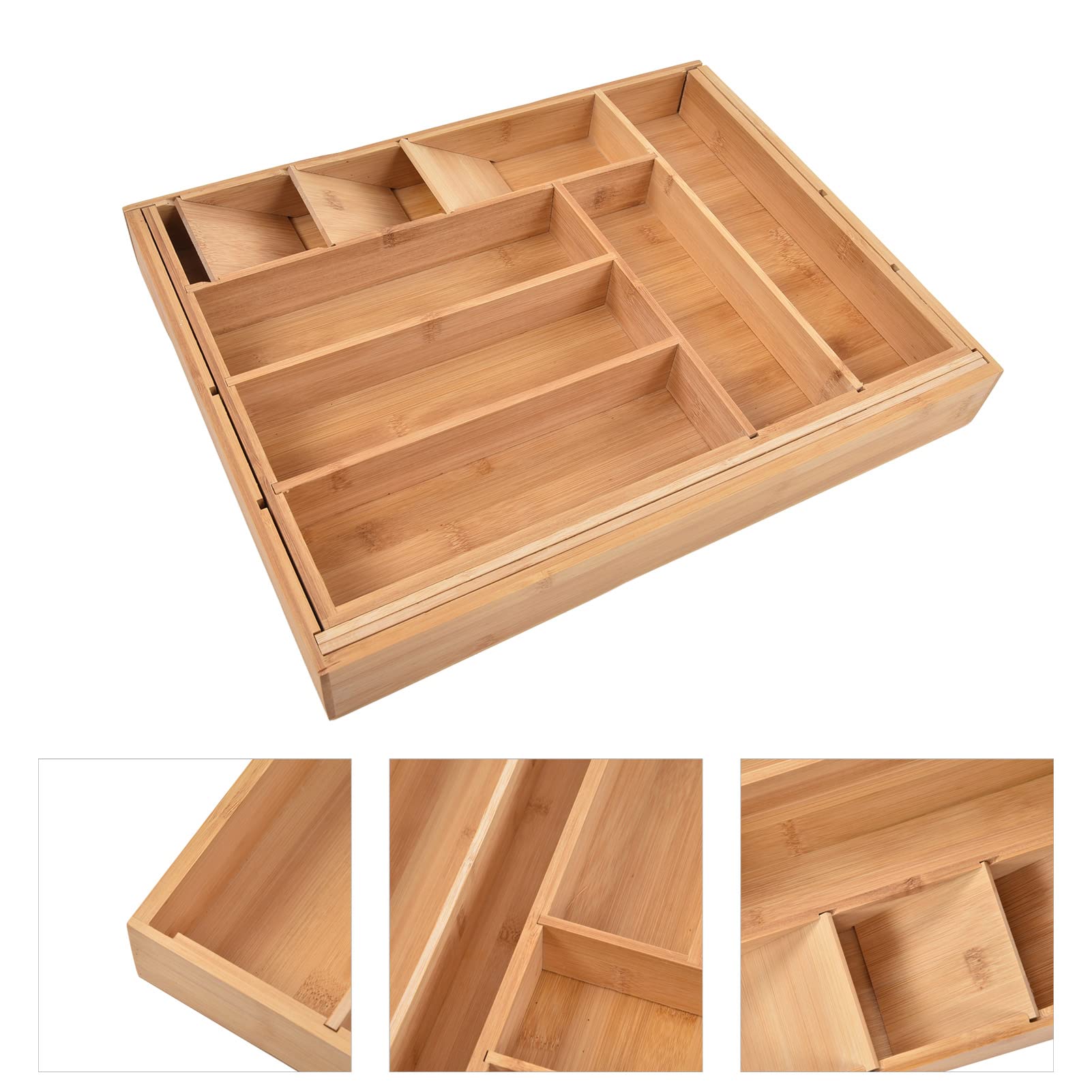 Garosa Bamboo Kitchen Drawer Organizer Expandable Drawer Organizer Adjustable Cutlery Tray Wooden Utensil Holder Multi Function Drawer Storage 9 Compartments for Silverware Knives