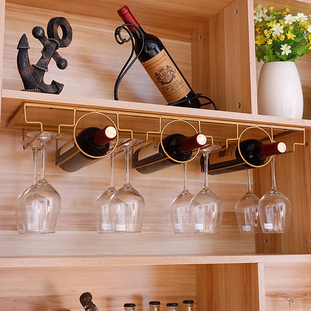 Under Cabinet Wine Rack, Wine Bottle Holder Under Shelf and Hanging Wine Glass Holder Set, Under Cabinet Stemware Holder for Kitchen Cabinet, Wine Cabinet, Bar Cart(Gold)