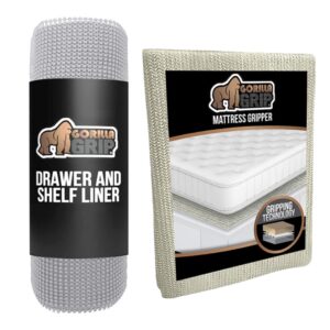 gorilla grip drawer liner and mattress gripper, drawer liner size 12 in x 20 ft in light gray, non adhesive, mattress gripper size queen, slip resistant, easy trim, 2 item bundle