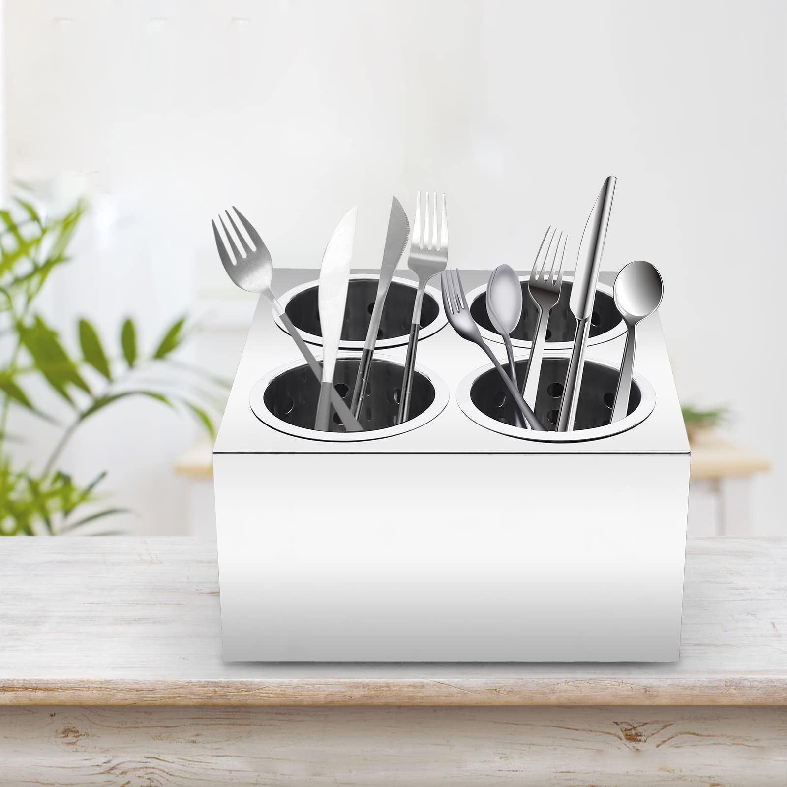 DNYSYSJ Commercial 4-Hole Stainless Steel Cylinder Flatware Countertop Flatware Cylinder Organizer Holder Silverware Utensil Holder for Kitchen