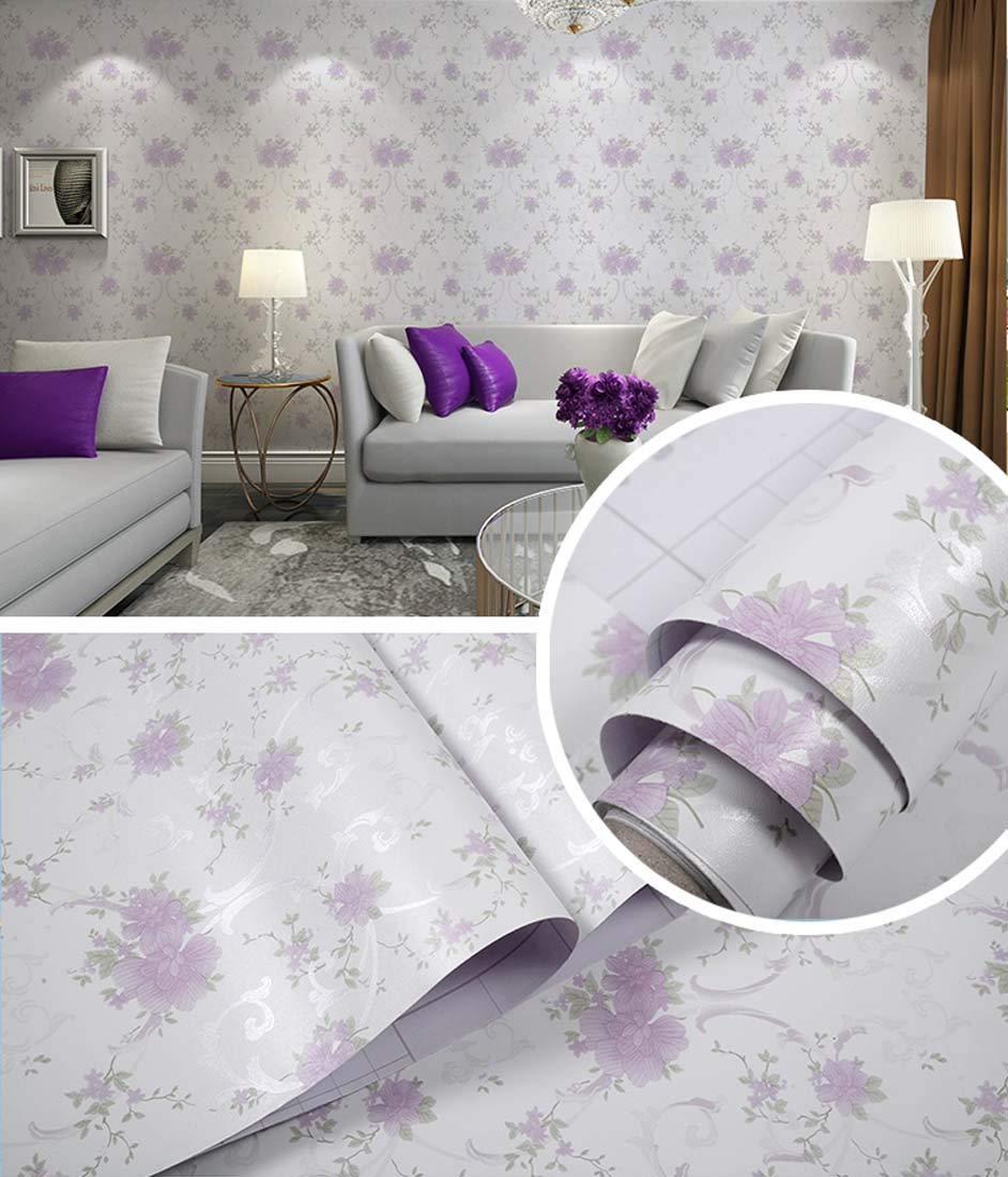 CHENGZHG Floral Shelf Paper Self Adhesive Shelf Liner Dresser Drawer Sticker Decorative Flower Contact Paper for Furniture Drawer Cabinet 17.7 Inch x 16.4 Feet (Little Purple)