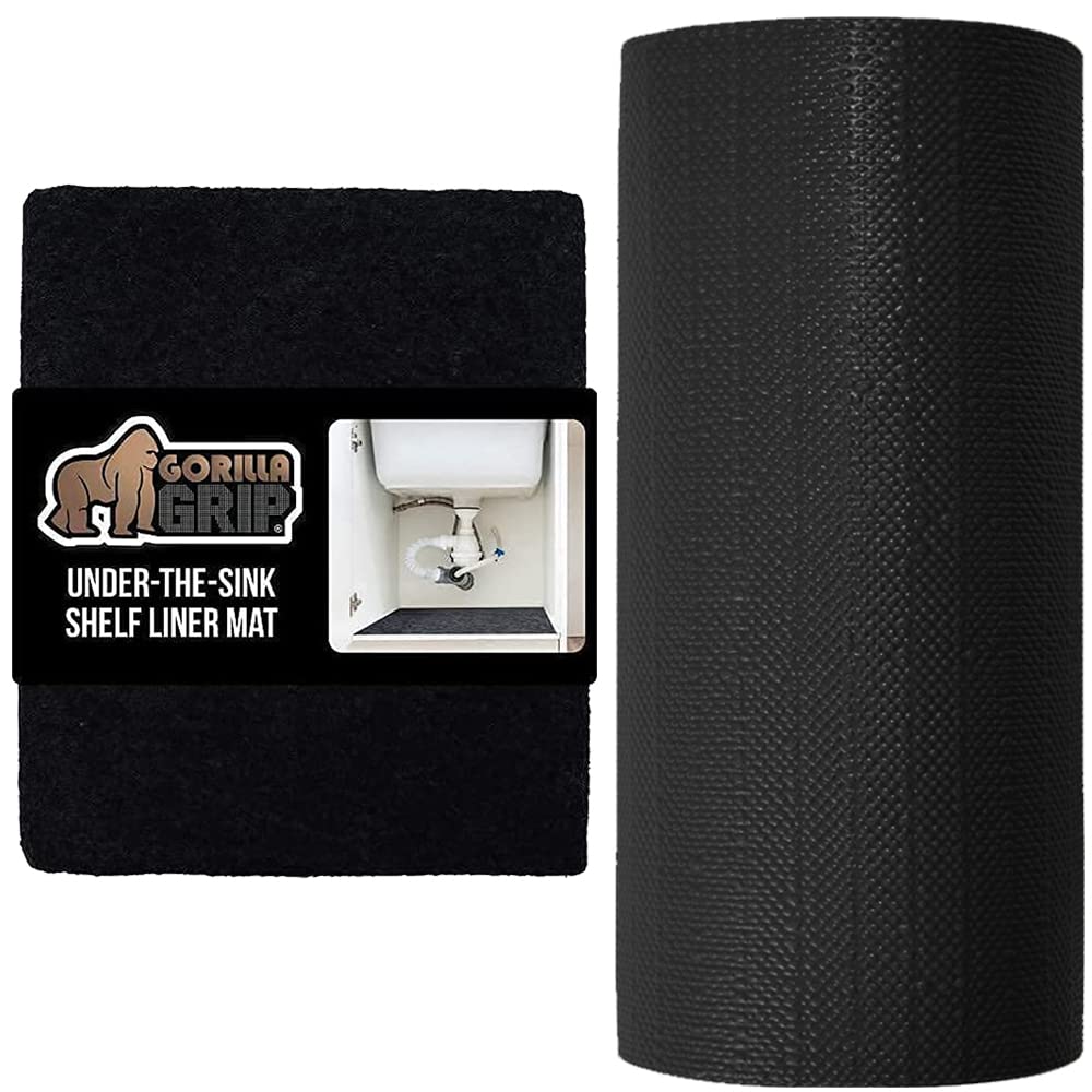 Gorilla Grip Under Sink Mat and Smooth Drawer Liner, Under Sink Mat Size 24x30, Absorbent Mat for Below Sinks, Drawer Liner Size 17.5x20, Non Adhesive, Both in Black, 2 Item Bundle