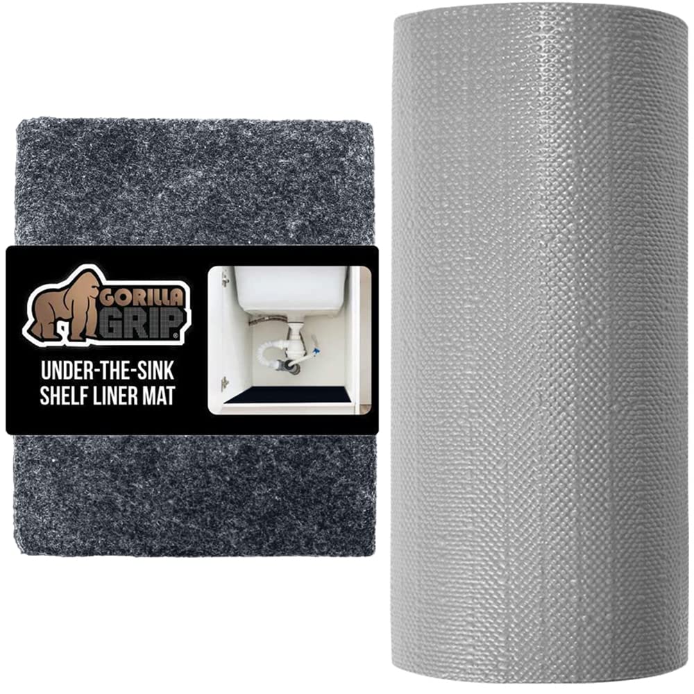 Gorilla Grip Under Sink Mat and Smooth Drawer Liner, Under Sink Mat Size 24x24 in Charcoal, Absorbent Mat for Below Sinks, Drawer Liner Size 17.5x20 in Gray, Non Adhesive, 2 Item Bundle