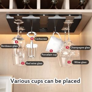 2 Rows Black Wine Glass Rack, Metal Wine Glass Storage Hanger With hook, Under Cabinet Organizer Suitable for all kinds of cups, Screws Included