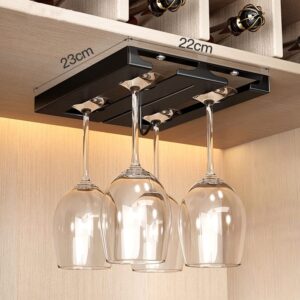 2 Rows Black Wine Glass Rack, Metal Wine Glass Storage Hanger With hook, Under Cabinet Organizer Suitable for all kinds of cups, Screws Included