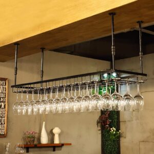 FKRACK Wine Glass Holder Ceiling Mounted Wine Glass Hanging Rack Industrial Height Adjustable Wine Glass Shelf (Color : Black, Size : 120×40cm)