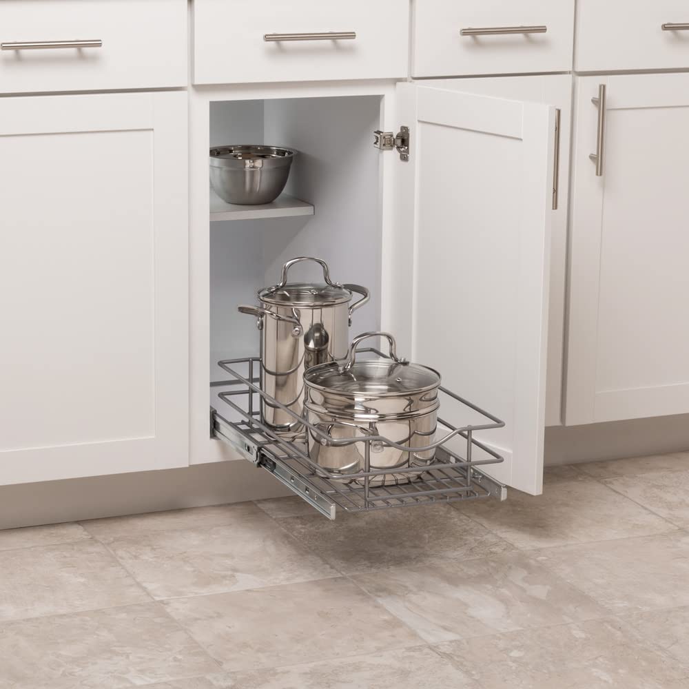 Knape & Vogt Simply Put 11.5-in W x 5.7-in H Metal 1-Tier Pull Out Cabinet Basket, 11 Inch, Frosted Nickel