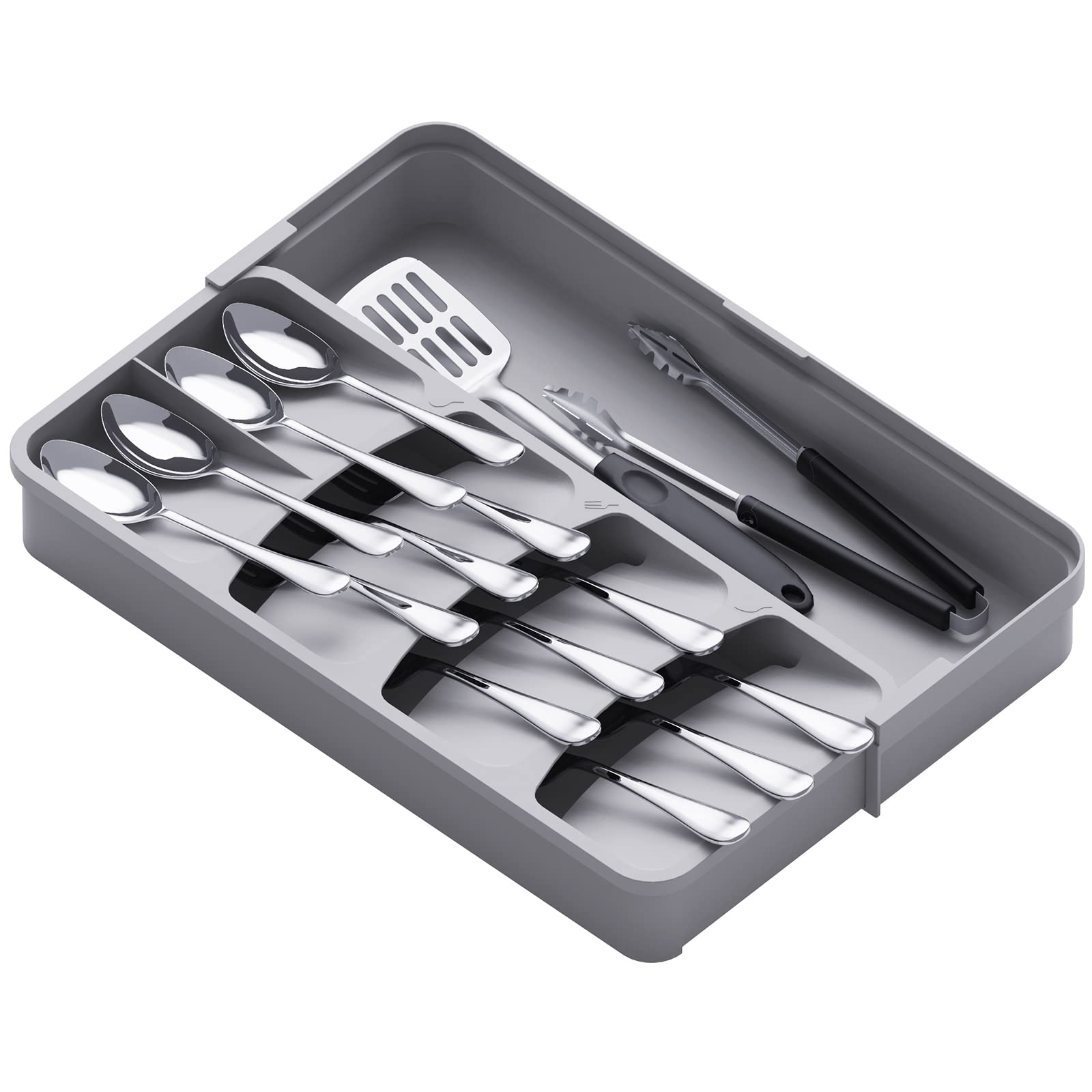 Lifewit Silverware Organizer, Compact Utensil Organizer for Kitchen Drawer, Expandable Flatware and Cutlery Tray, Adjustable Plastic Spoons Forks Knives Storage Holder Organization, Gray