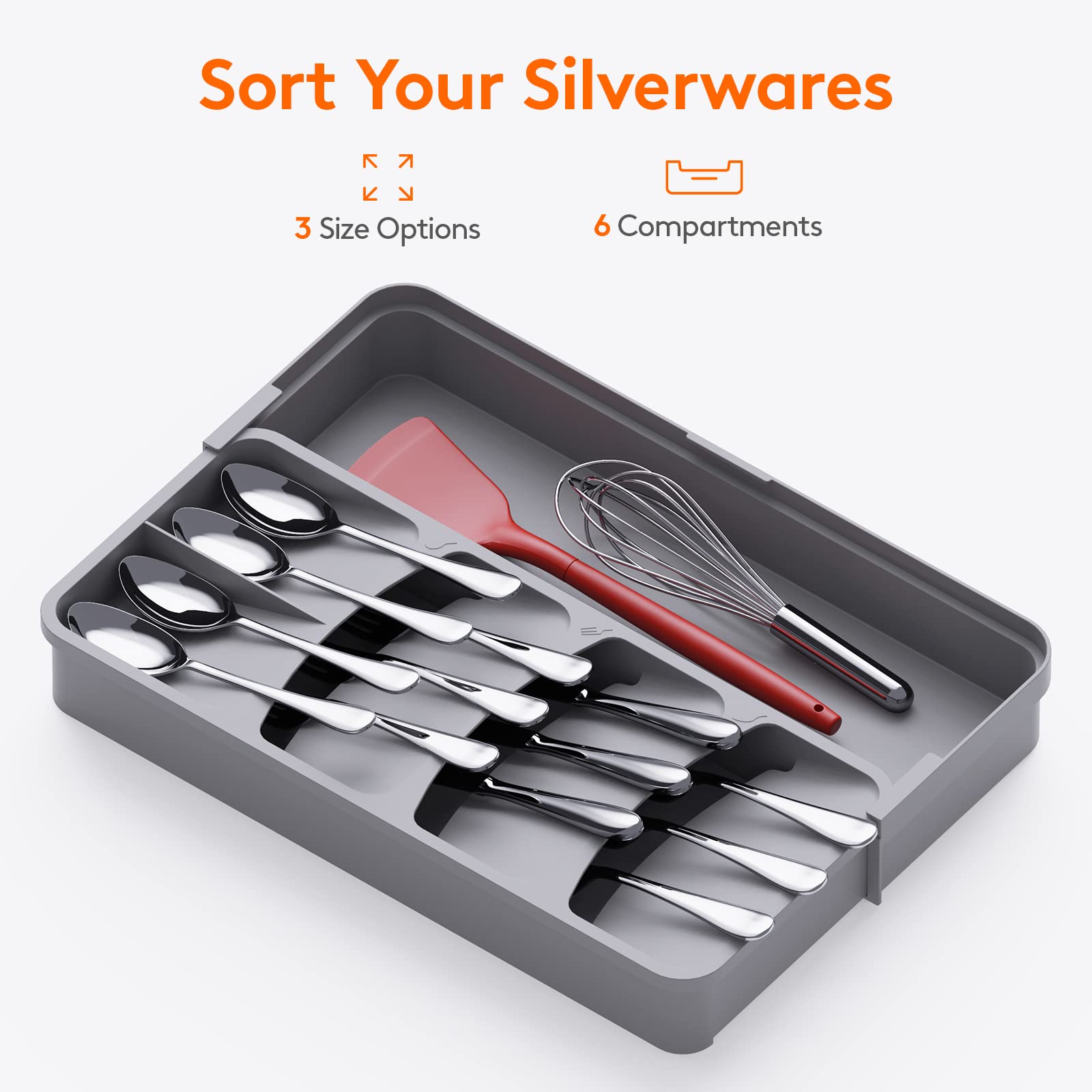 Lifewit Silverware Organizer, Compact Utensil Organizer for Kitchen Drawer, Expandable Flatware and Cutlery Tray, Adjustable Plastic Spoons Forks Knives Storage Holder Organization, Gray